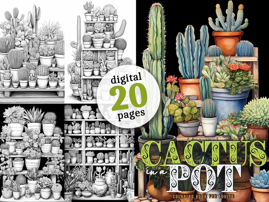 Cactus in a Pot Coloring Book Printable Grayscale Cactus Coloring Pages ...