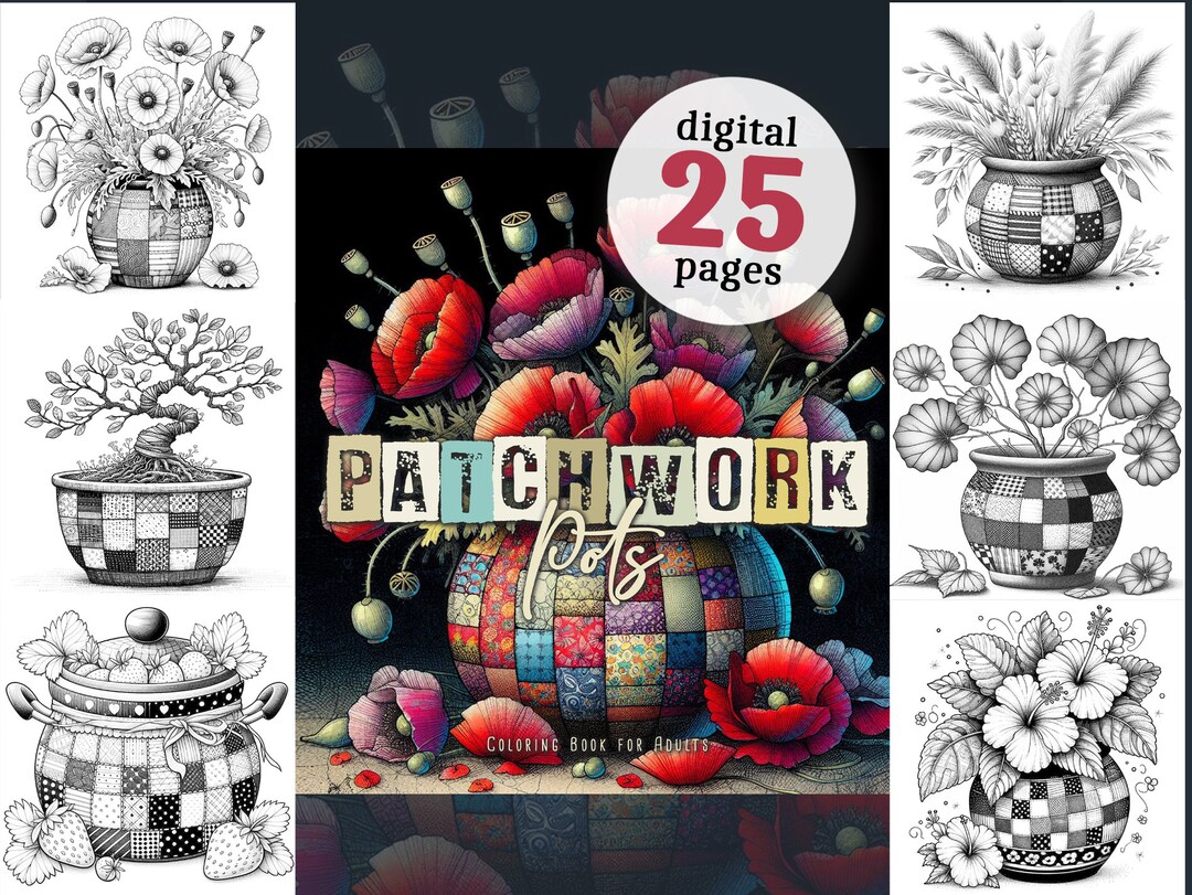 Patchwork Pots Coloring Book Printable Grayscale Plants Coloring Pages ...