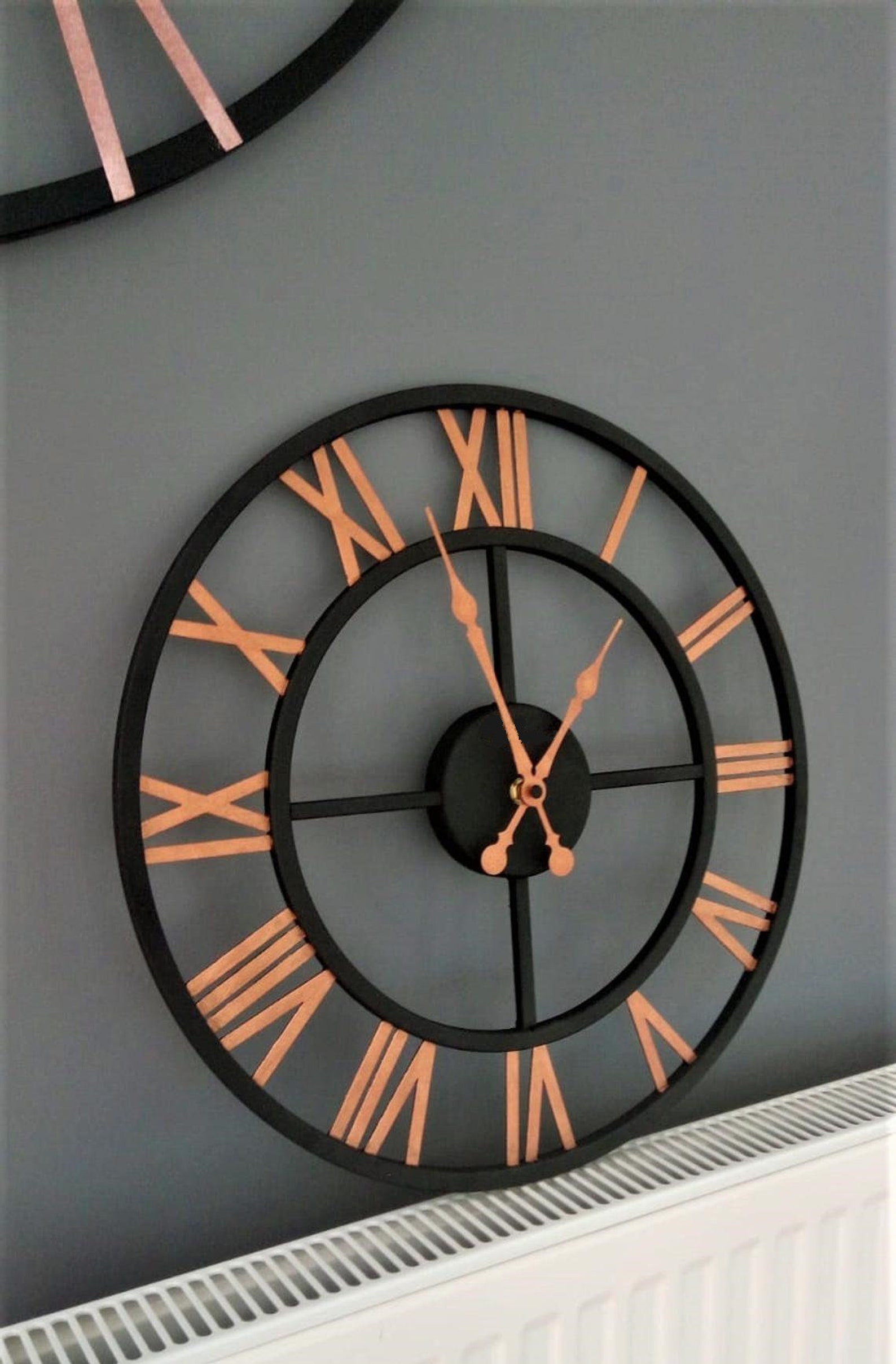 Metal Rustic Black Wall Clock Copper Embossed Large Romen Numerals ...