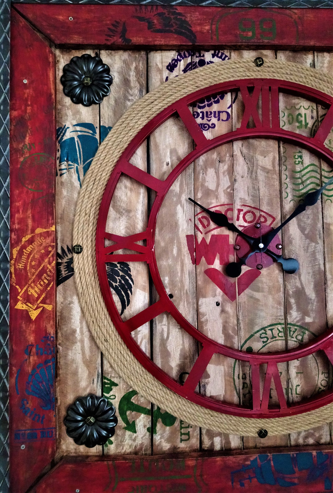 Large Rustic Wood Wall Clock Metal Handmade Farmhouse Wall Clock ...