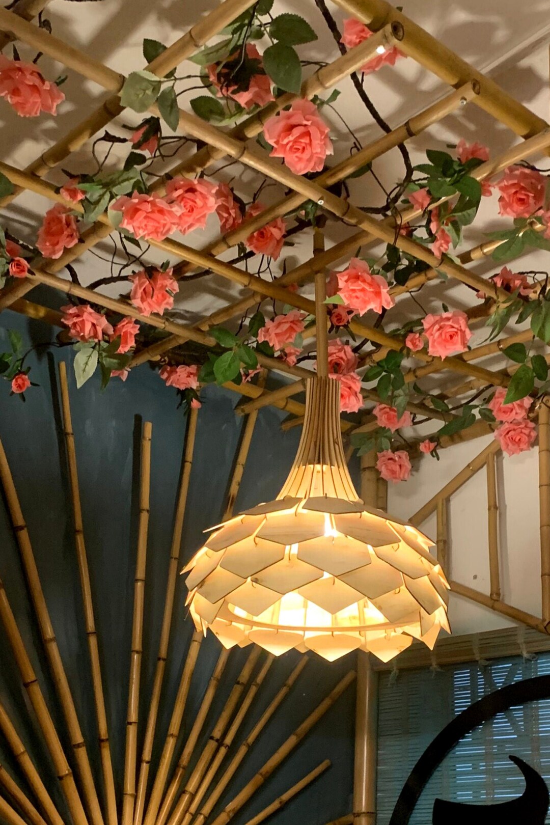 JASMINE Flower Pendant Light Fixture, Wooden Hanging Lamp Shades ...