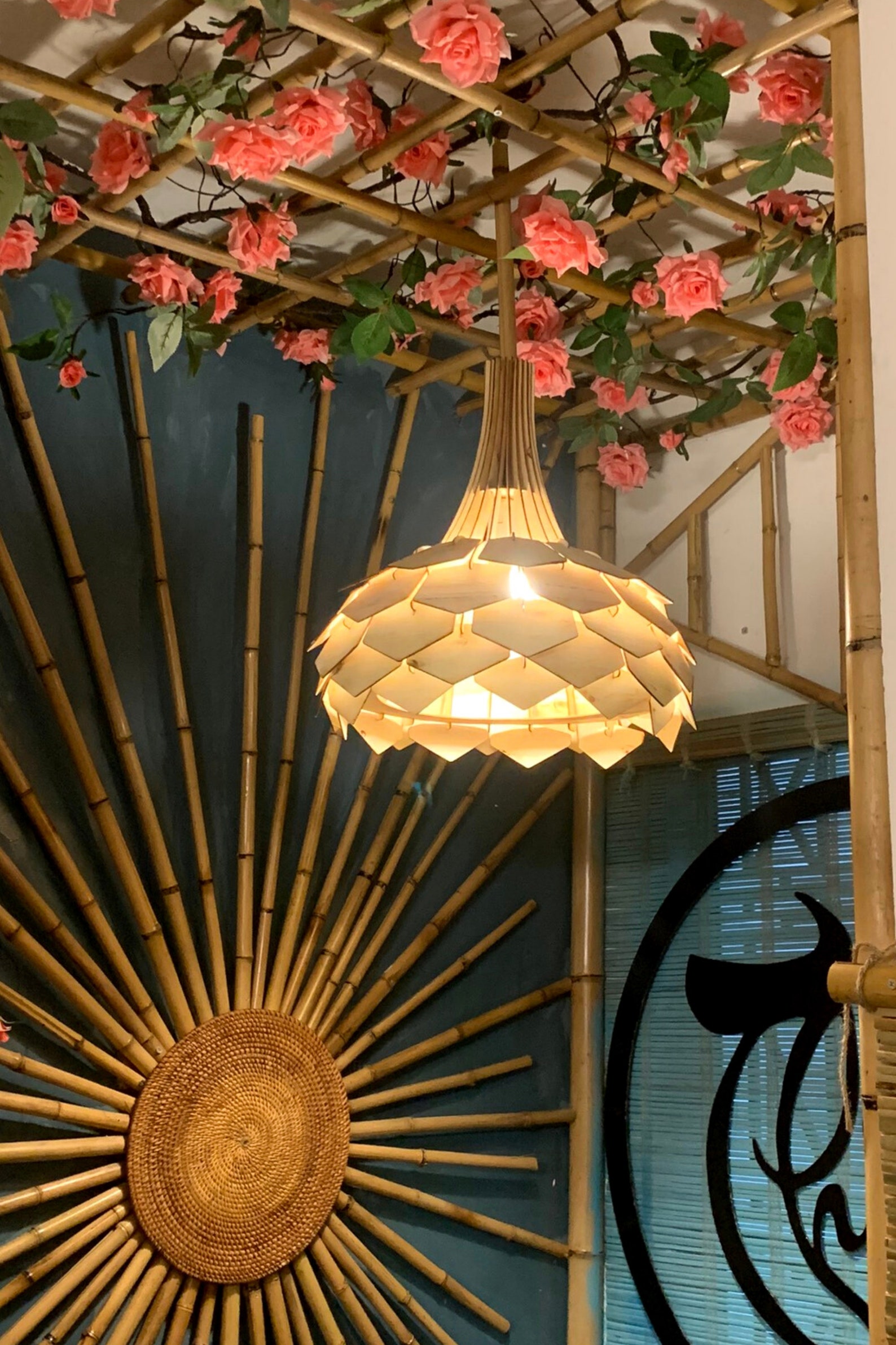 JASMINE Flower Pendant Light Fixture Wooden Hanging Lamp | Etsy