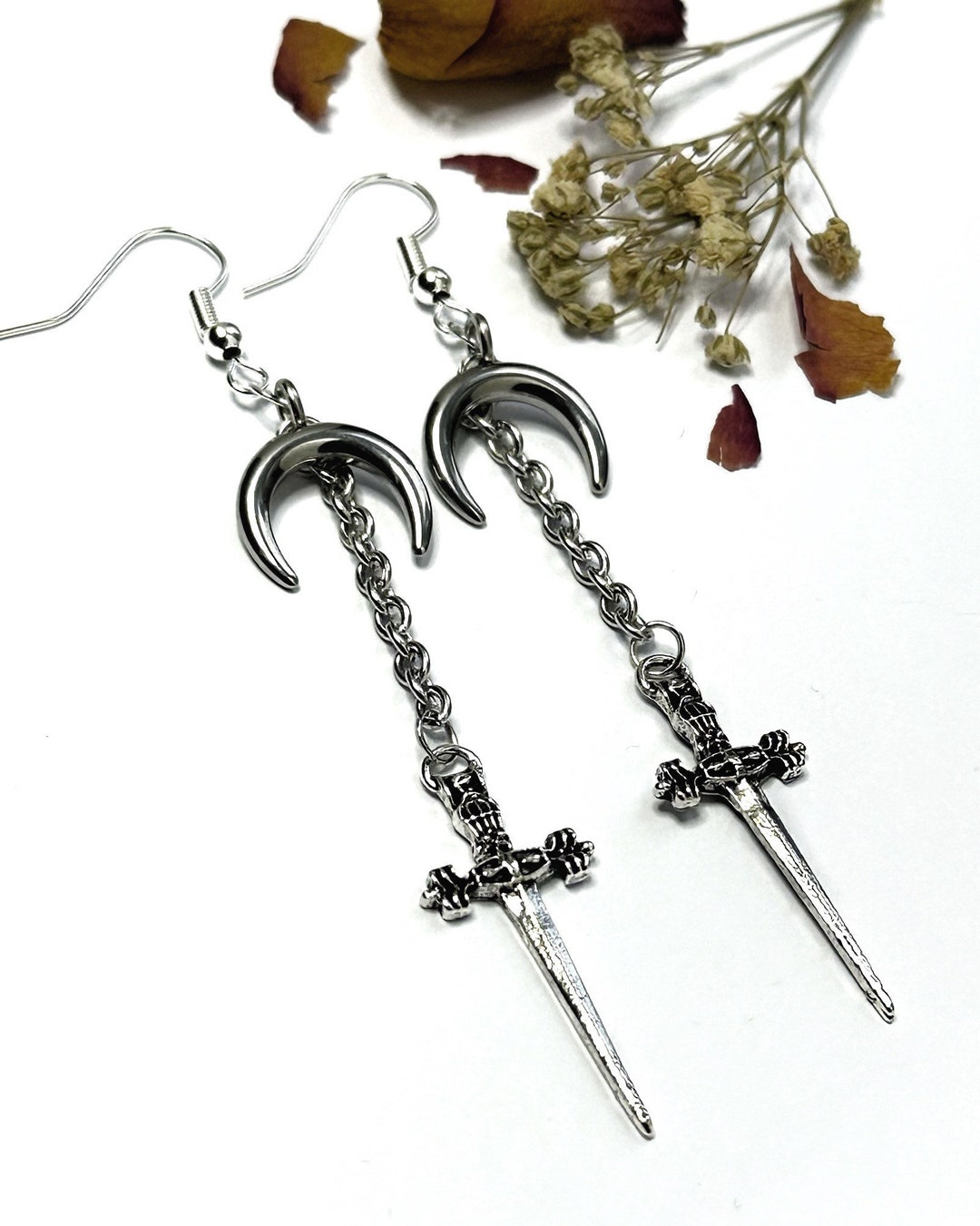 Gothic Silver Crescent Moon and Dagger Earrings / Alternative Goth ...