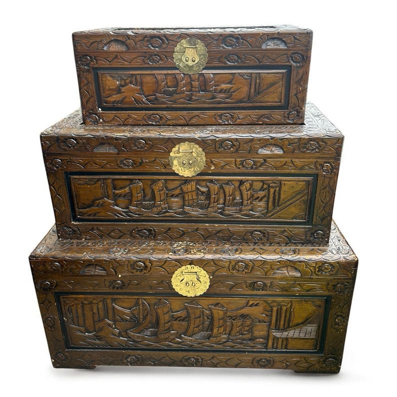 Vintage Chinese Carved Camphor Wood Stacking Chests | Set of 3 Nesting ...