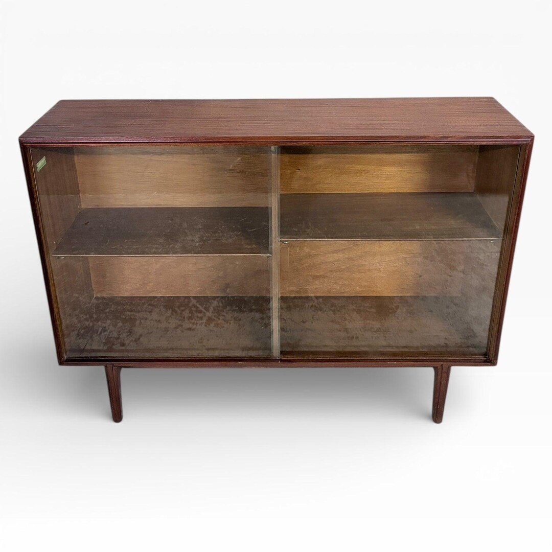 Mid Century Teak Bookcase: Sliding Glass Doors, Tapered Legs - Etsy