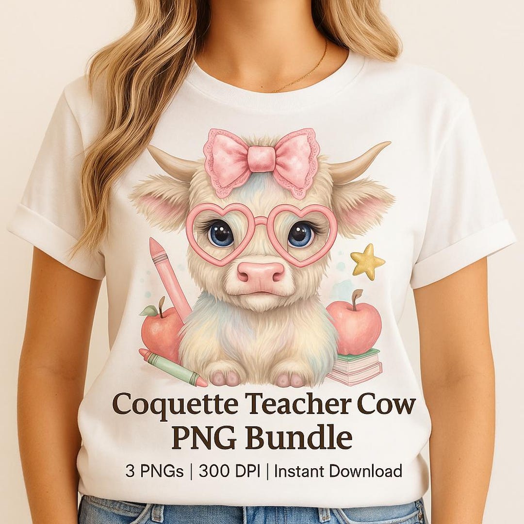 Coquette Teacher Cow PNG Bundle, Kawaii Pastel Clipart (instant ...