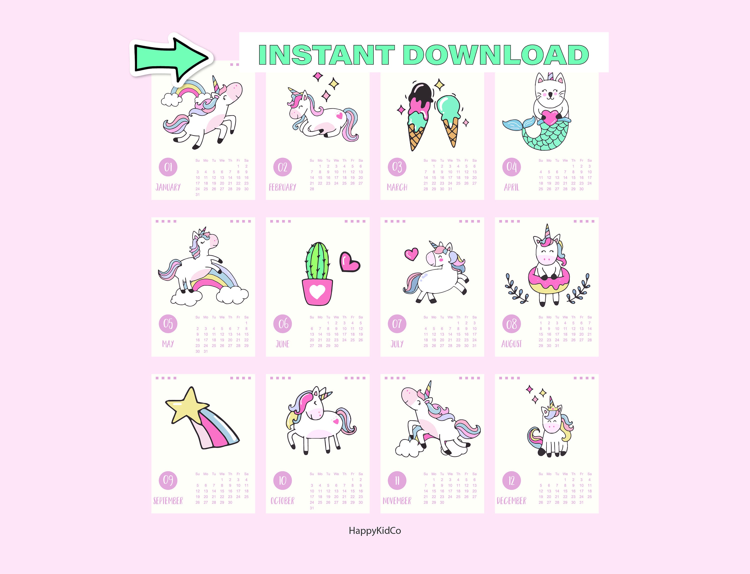 Printable Cute Unicorn Calendar 2021 Calendar for Planner Calendar ...