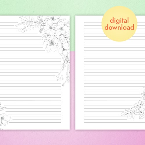 Black and White Floral Lined Paper Printable Stationery - Etsy