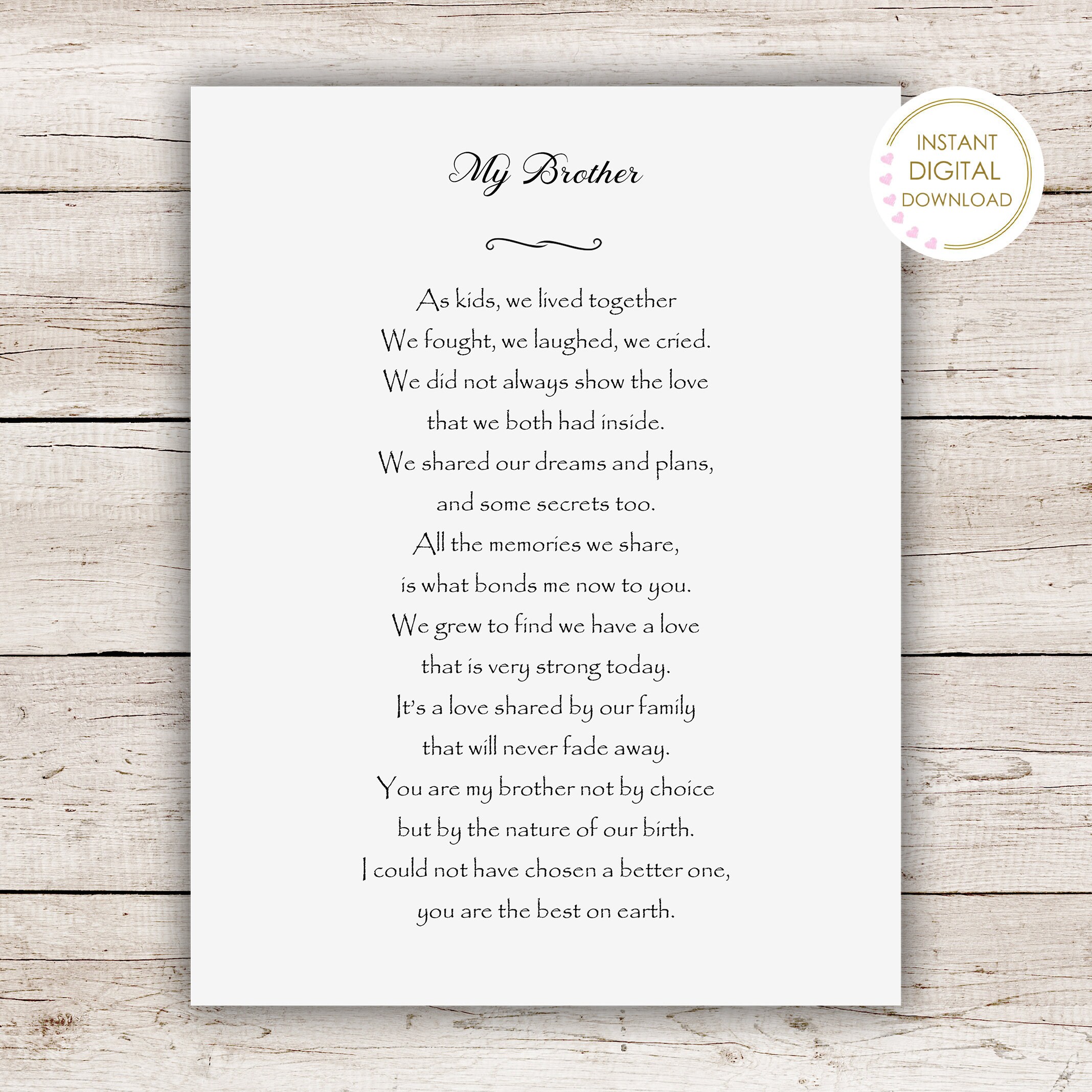 Instant Download - Brother Gift - Personalized Poem for Brother ...