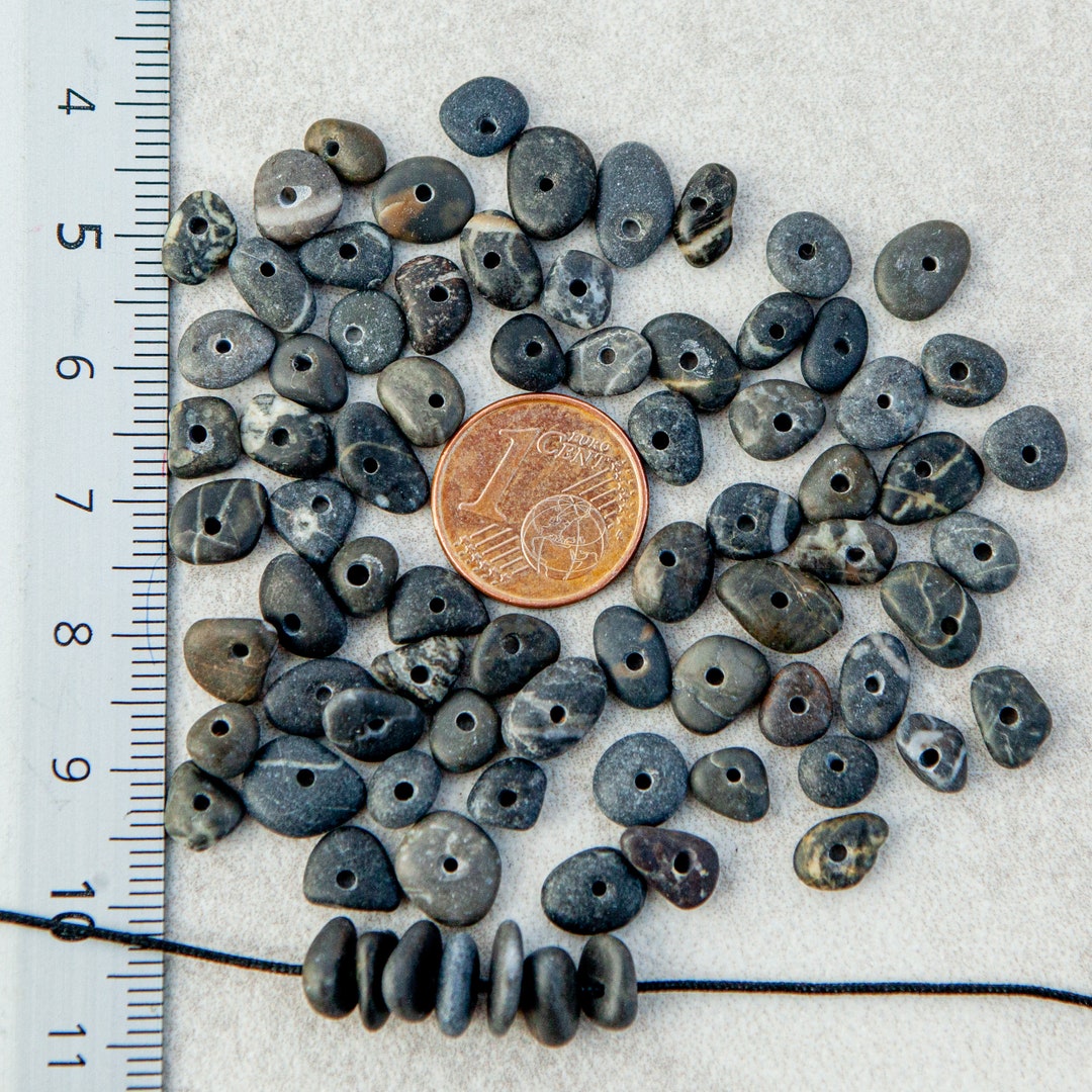 Drilled Sea Pebble Beads 3-7mm, Centered Drilled, 1mm Hole , Black Dark ...