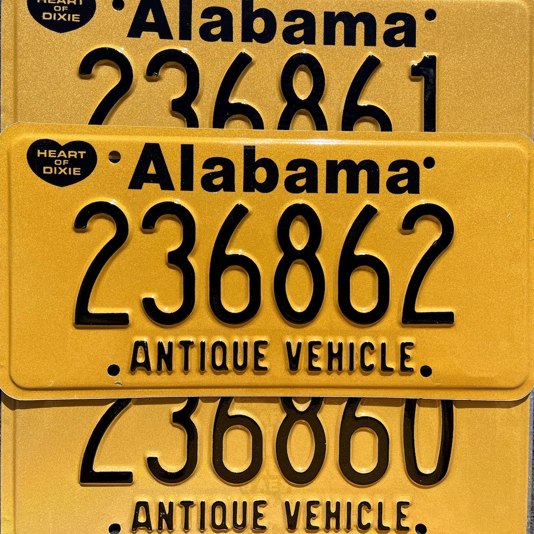 Alabama ANTIQUE VEHICLE Yellow License Plate Tags Heart of Dixie High ...