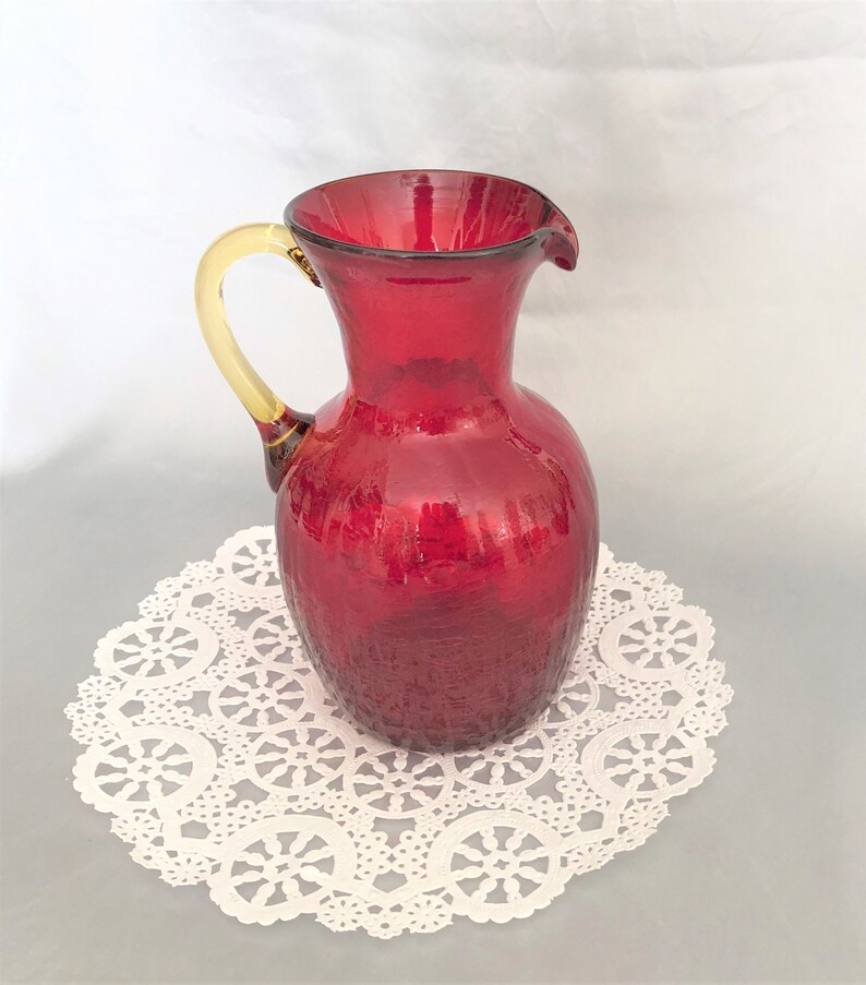 Vintage Ruby Red Crackle Glass Pitcher With Amber Glass Handle Etsy