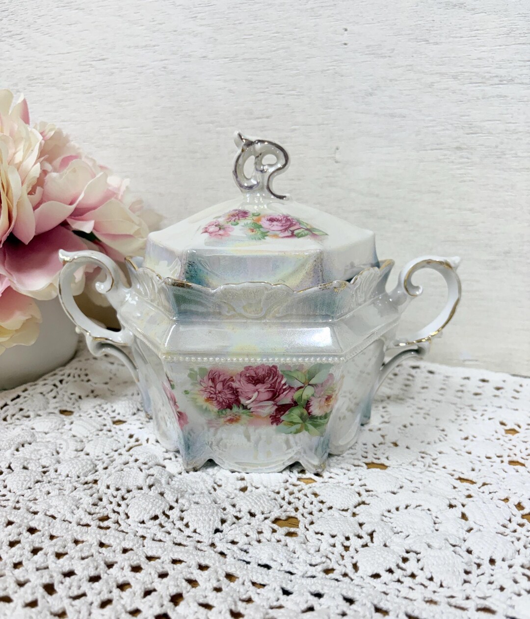 Antique German Lusterware China Pink Rose Sugar Bowl / Candy Dish With ...