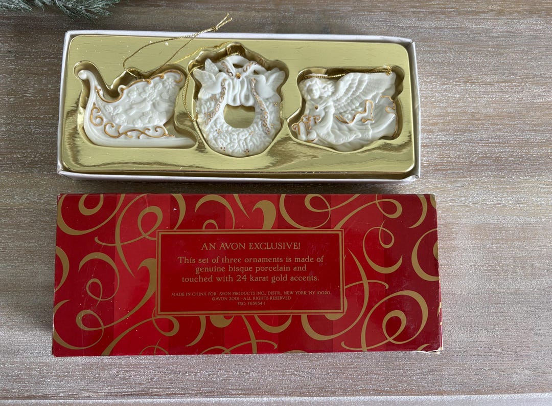 Vintage Avon Set of 3 Ceramic Bisque Porcelain Christmas Ornaments With ...
