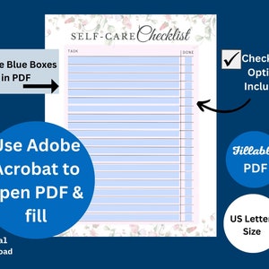 Fillable Self Care Checklist, Printable, Digital PDF, Weekly Self Care ...