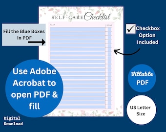 Fillable Self Care Checklist, Printable, Digital PDF, Weekly Self Care ...