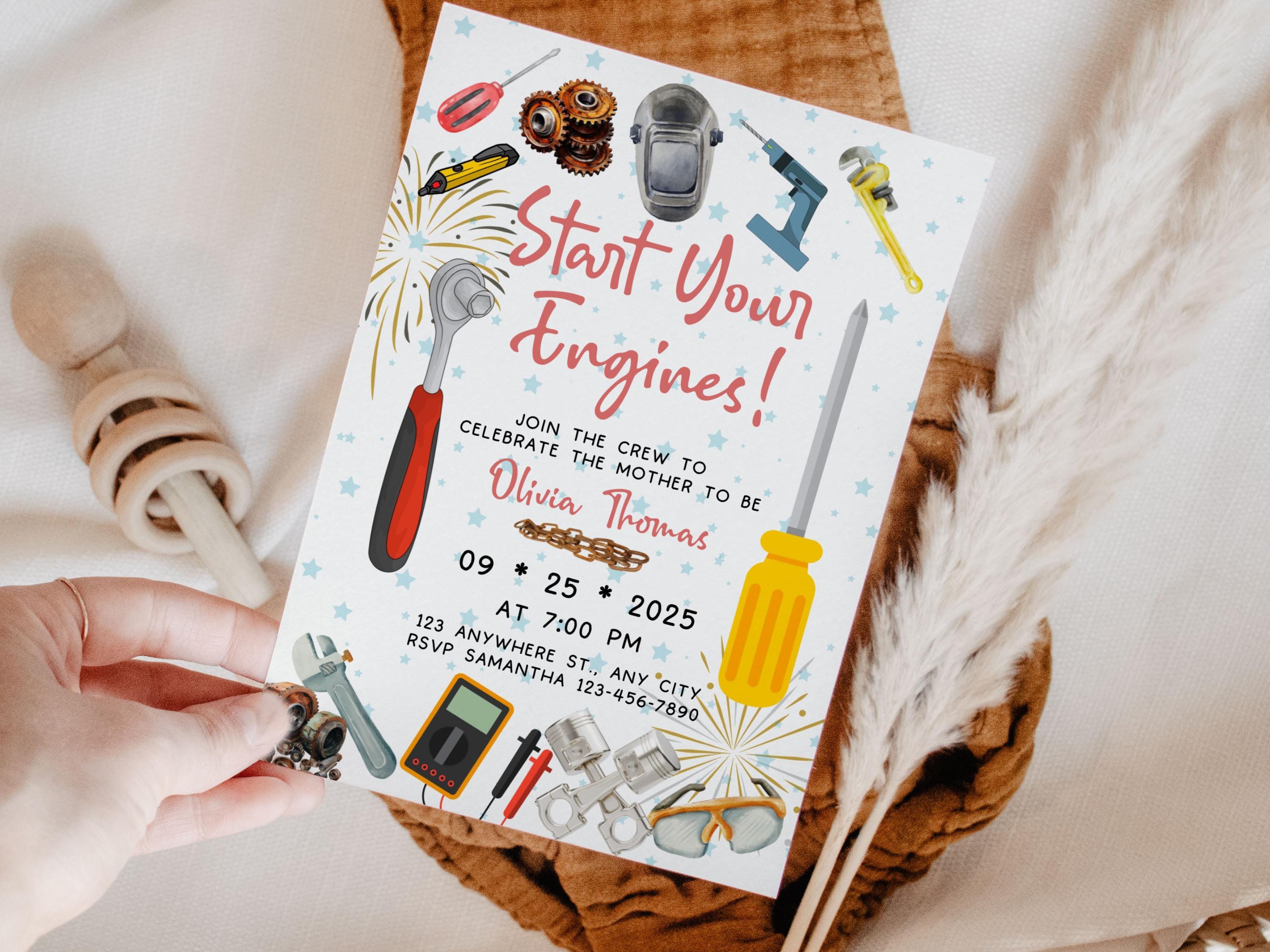 Mechanic Baby Shower Invitation Bundle: Editable Corjl Template ...