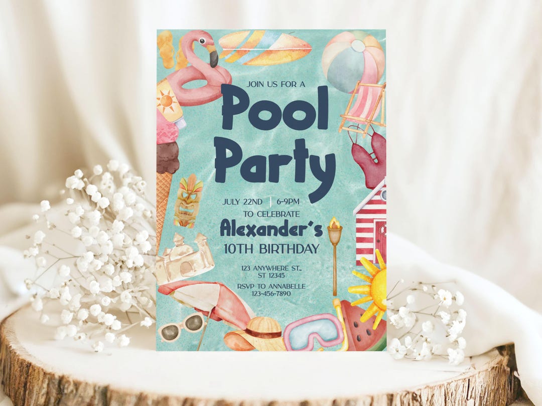 Editable Pool Party Birthday Invitation: Tropical Summer Theme (digital ...
