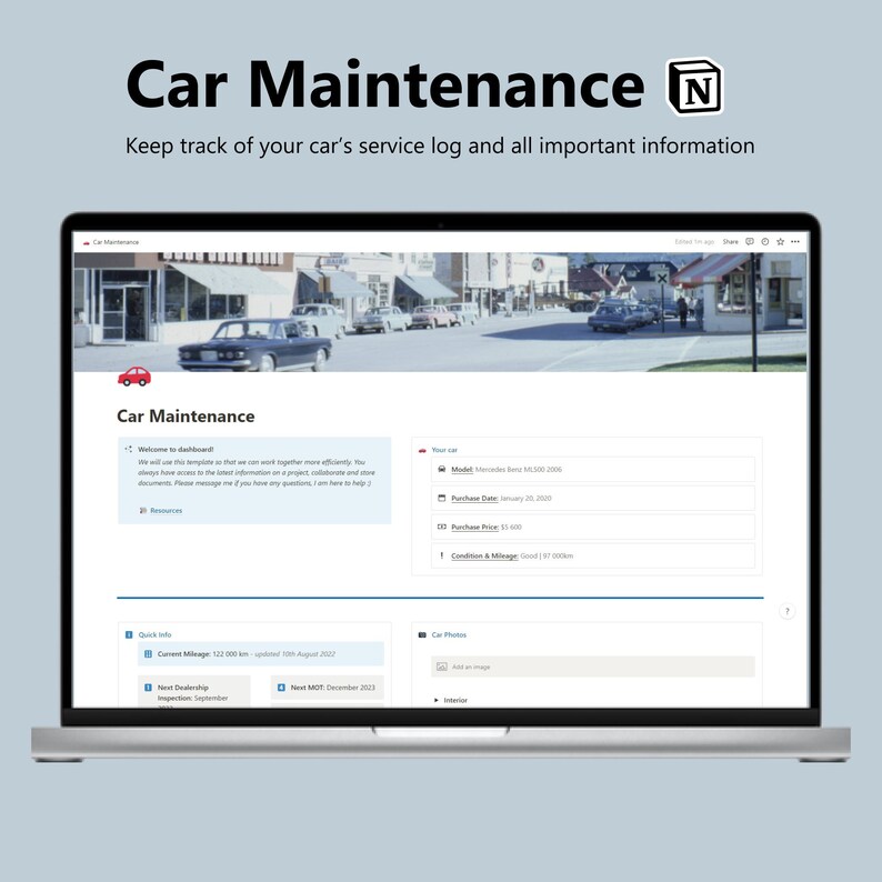 Notion Template Car Maintenance Dashboard Notion Car Portal - Etsy