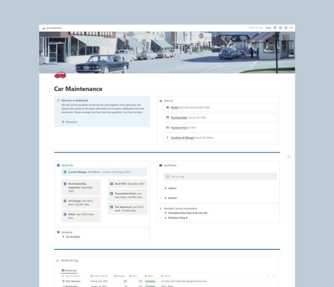 Notion Template Car Maintenance Dashboard Notion Car Portal - Etsy