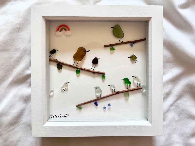 Rainbow Birds on Branch Sea Glass Picture Framed Unique Handmade Sea ...