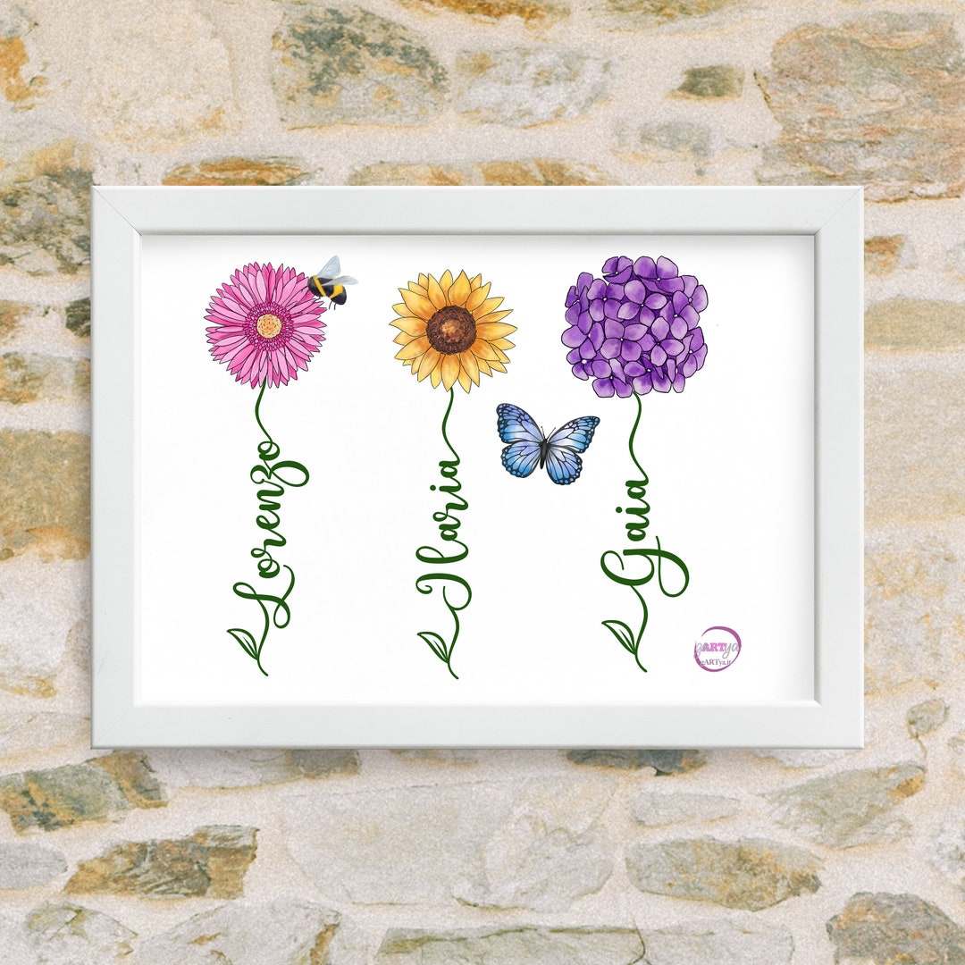Quadretto Personalizzato Famiglia con Fiori e Nomi – Farfalle e Ape ...