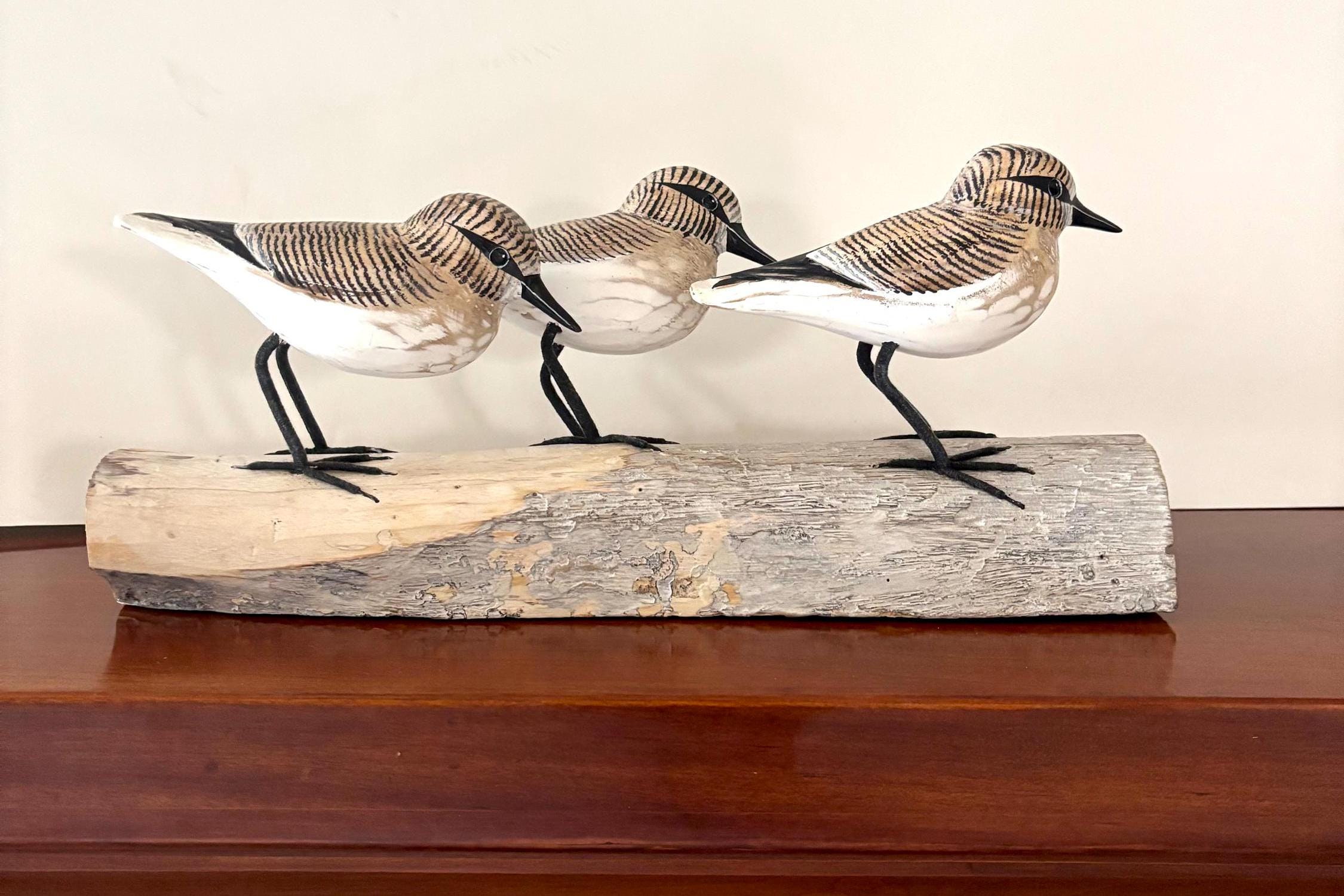 Hand Carved Wooden Sandpipers on Log: Coastal Bird Decor - Etsy