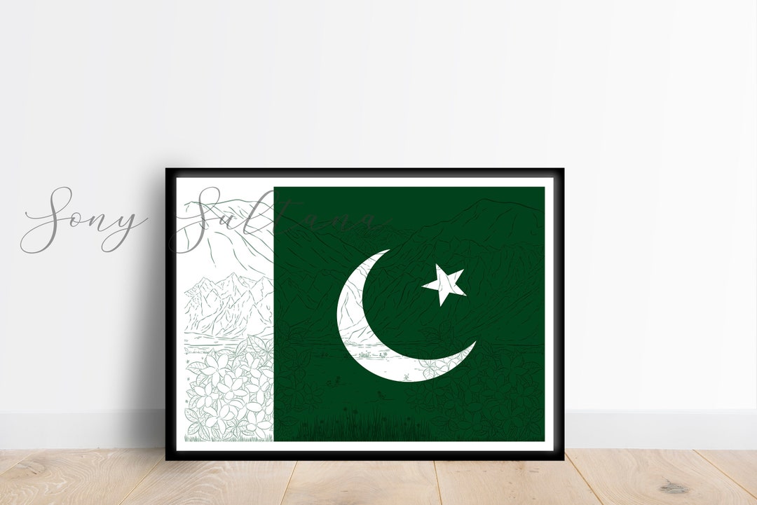 Pakistan Flag With Landscape Floral Line Art Print / Wall Print / Wall ...