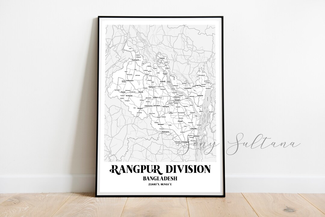 Rangpur Division Bangladesh Travel Map With Landmarks in Black and White Art Print / Neutral ...