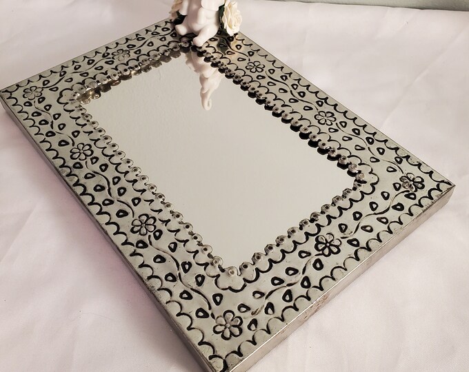 Small Mexican Tin Mirror, Vintage Punched Tin Mirror, Rectangular ...