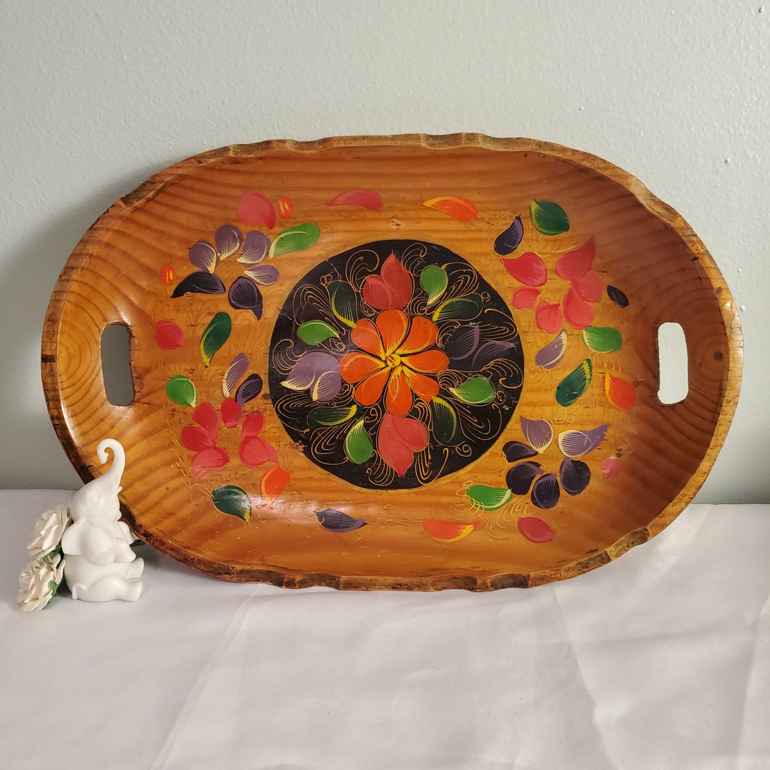 Mexican Batea Floral Bowl, Handpainted Folk Art Wood Dish, Decorative ...