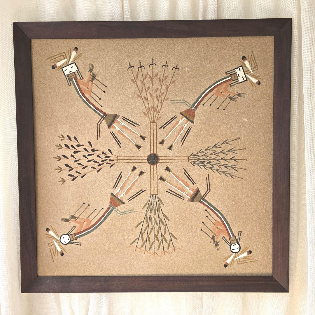 Yei and Four Sacred Plants Navajo Sand Art, 26x26 Indigenous Folk Art ...