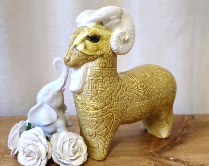 MCM Ceramic Ram Figurine, Handmade Yellow Sheep Ram Ceramic Decor ...