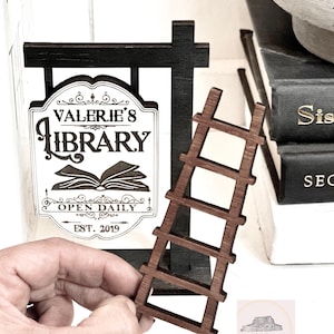 Personalized Library Sign, Mini Wooden Signpost With Ladder Library ...