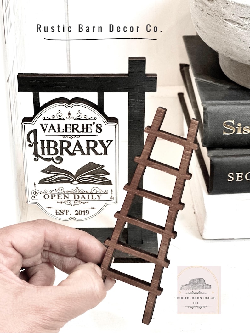 Personalized Library Sign, Mini Wooden Signpost With Ladder Library ...
