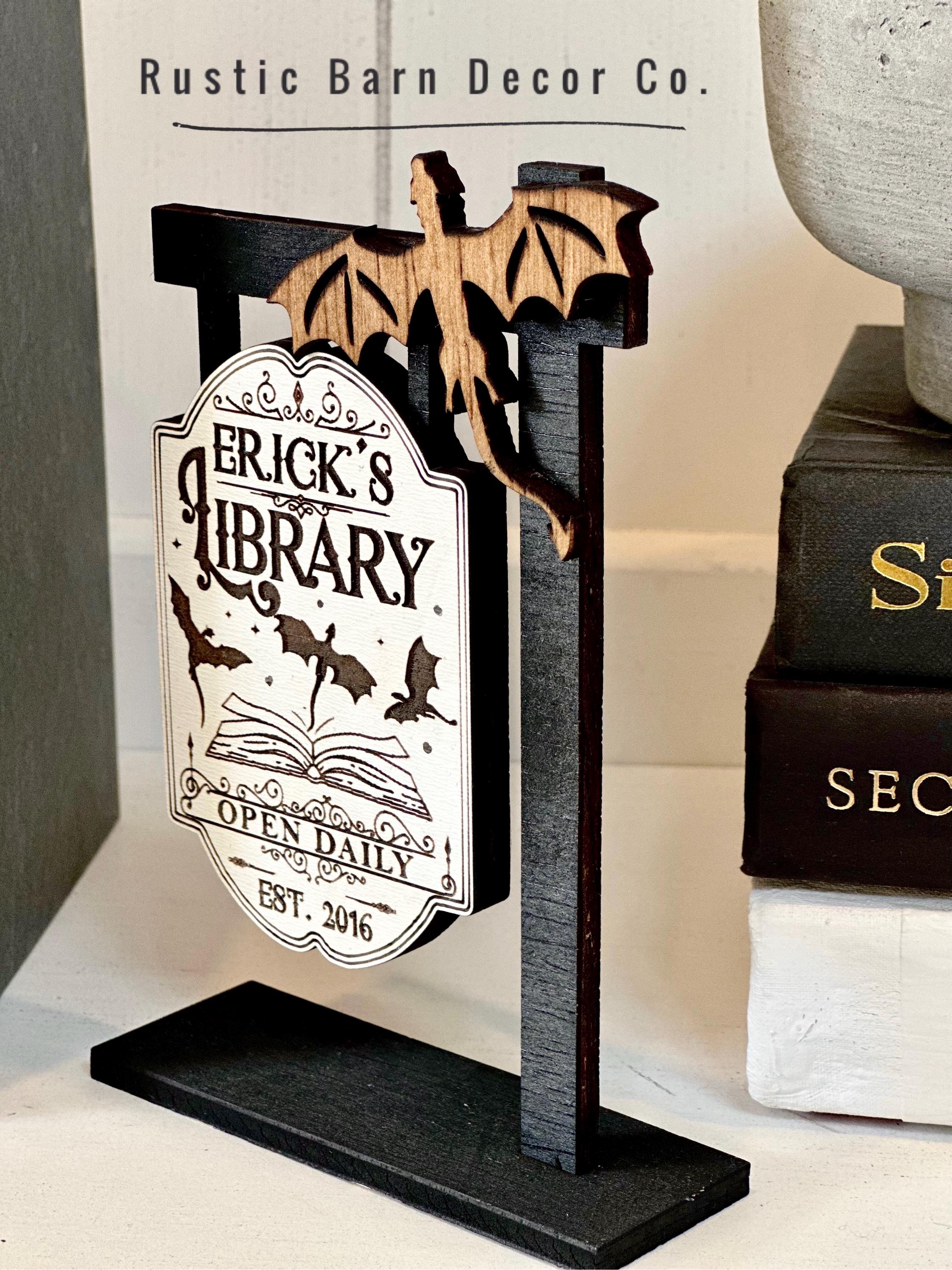 Personalized Library Sign, Mini Wooden Signpost Fantasy Dragon, Library ...