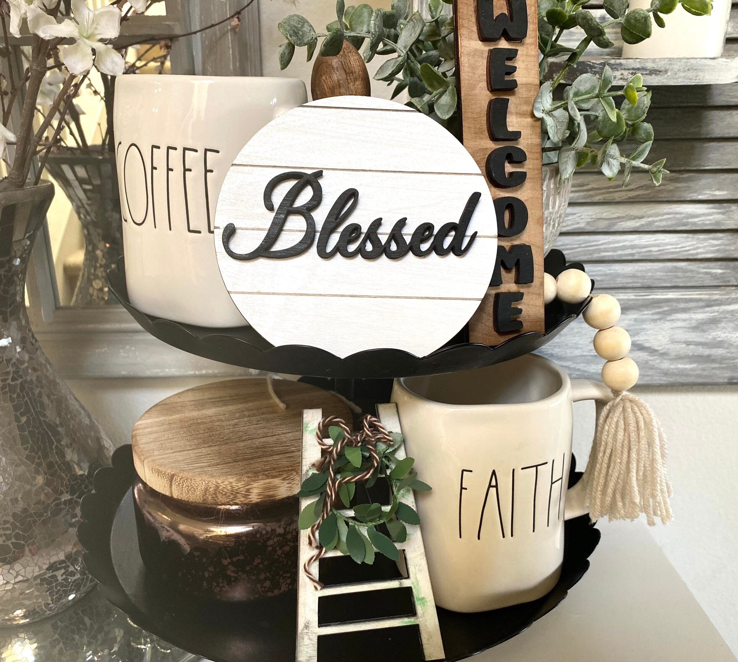 Tiered tray decor Blessed round sign /Tiered tray welcome sign /wooden ...