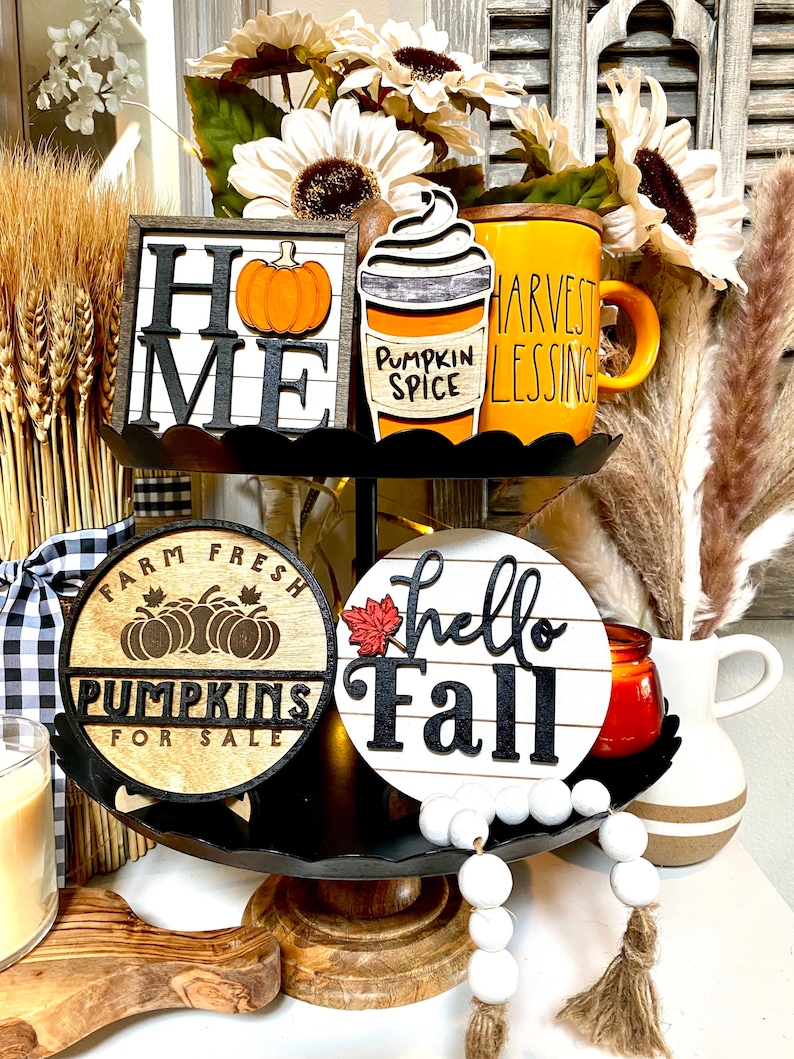 Fall Tiered Tray Decor | Fall Home Shiplap Sign | Hello Fall Mini Round ...
