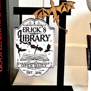 Personalized Library Sign, Mini Wooden Signpost Fantasy Dragon, Library ...