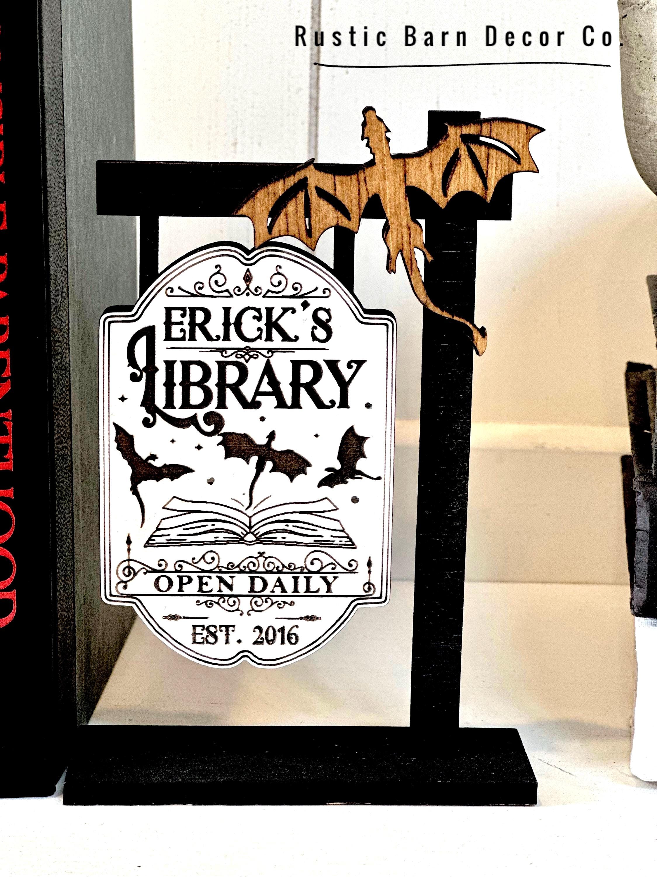 Personalized Library Sign, Mini Wooden Signpost Fantasy Dragon, Library ...