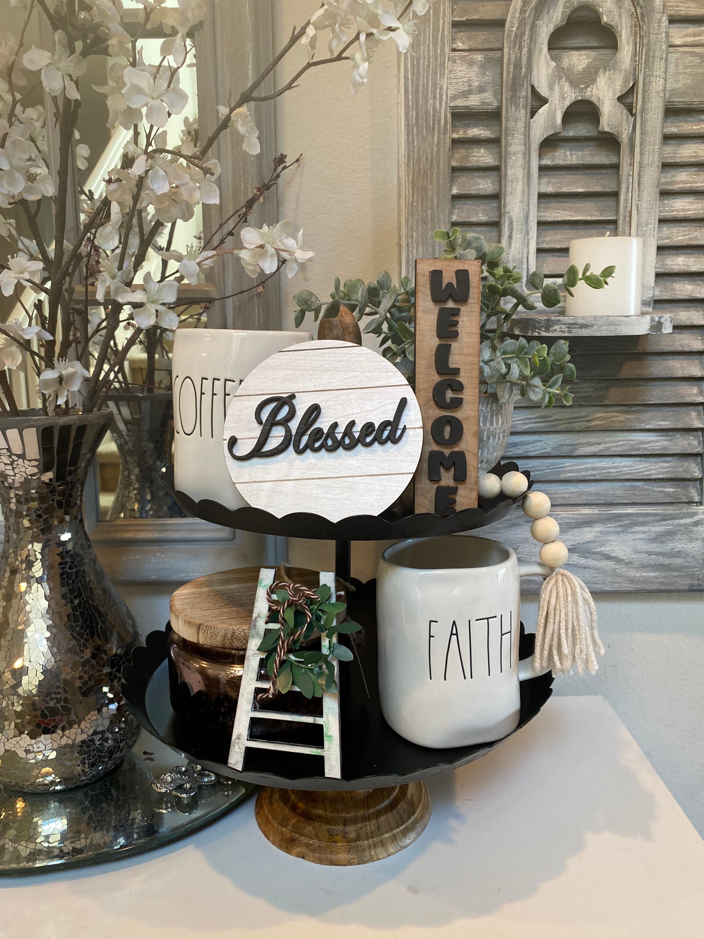 Tiered tray decor Blessed round sign /Tiered tray welcome sign /wooden ...