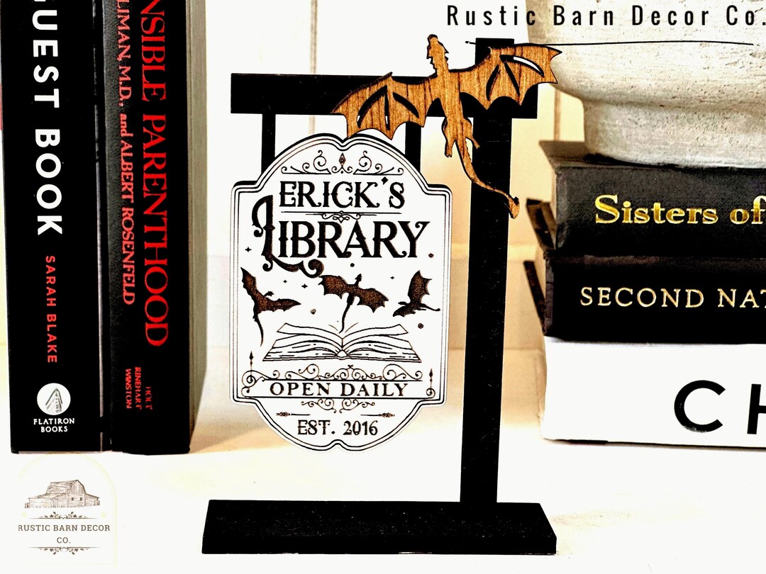 Personalized Library Sign, Mini Wooden Signpost Fantasy Dragon, Library ...