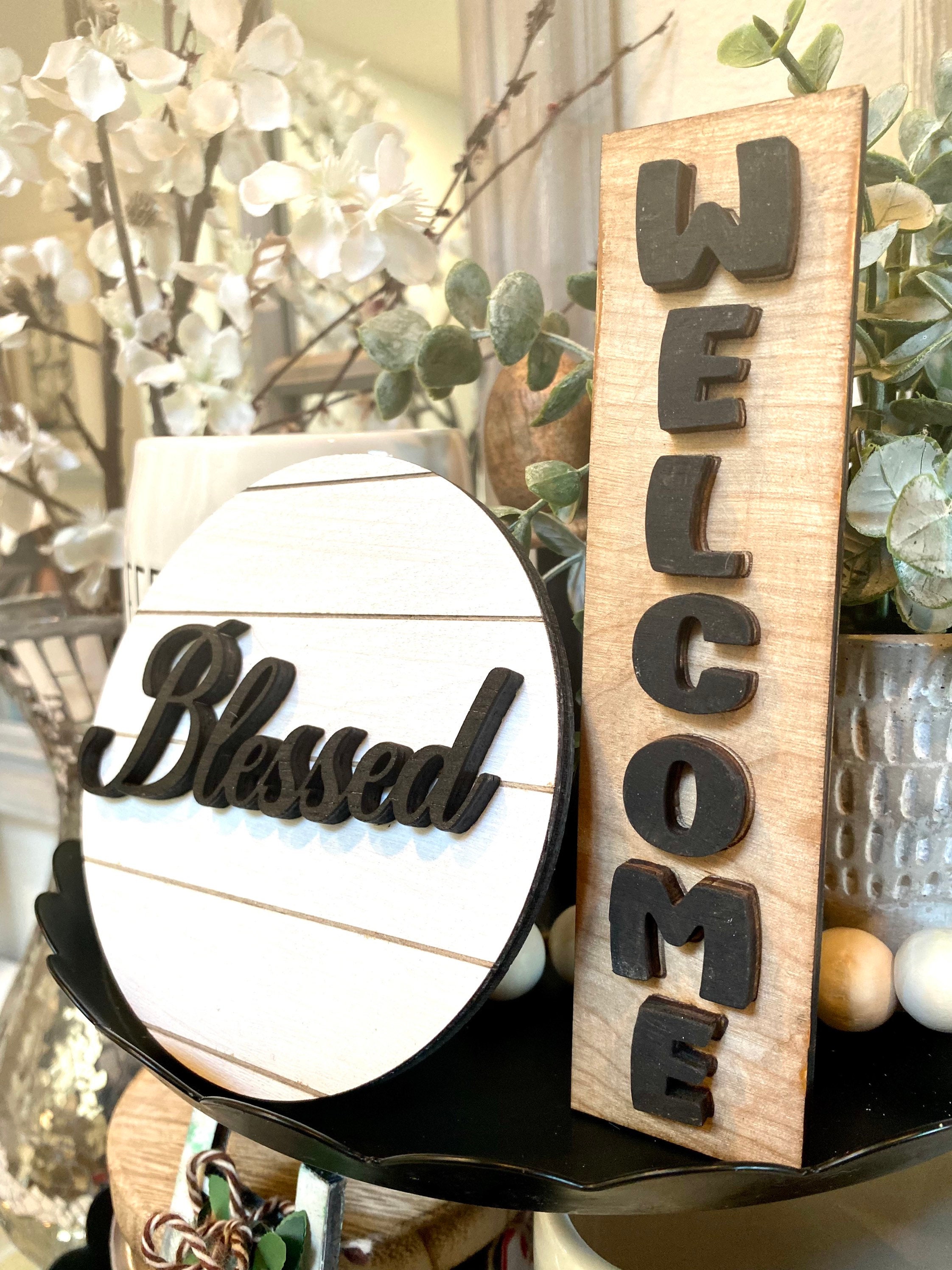 Tiered tray decor Blessed round sign /Tiered tray welcome sign /wooden ...