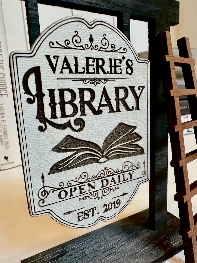 Personalized Library Sign, Mini Wooden Signpost With Ladder Library ...