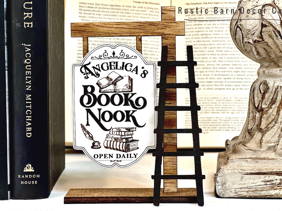 Personalized Book Nook Sign Library, Mini Wooden, With Ladder, Library ...