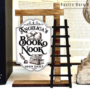 Personalized Book Nook Sign Library, Mini Wooden, With Ladder, Library ...