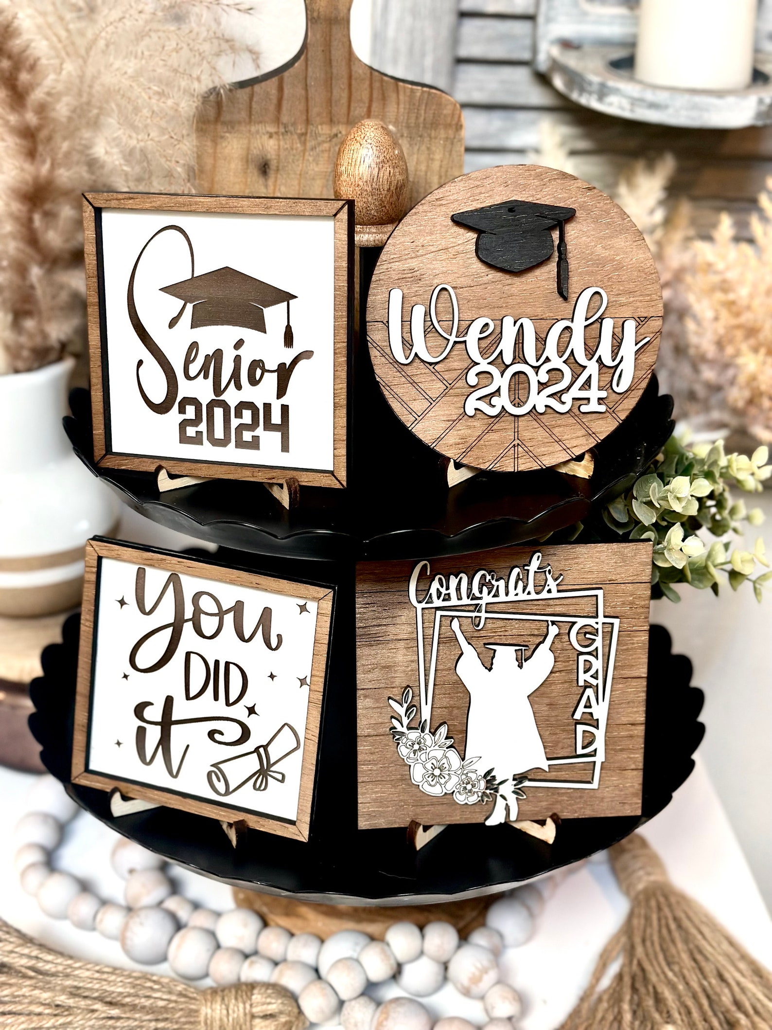 Graduation Tiered Tray Set | Class off 2024 | Boho Rustic Party Decor ...