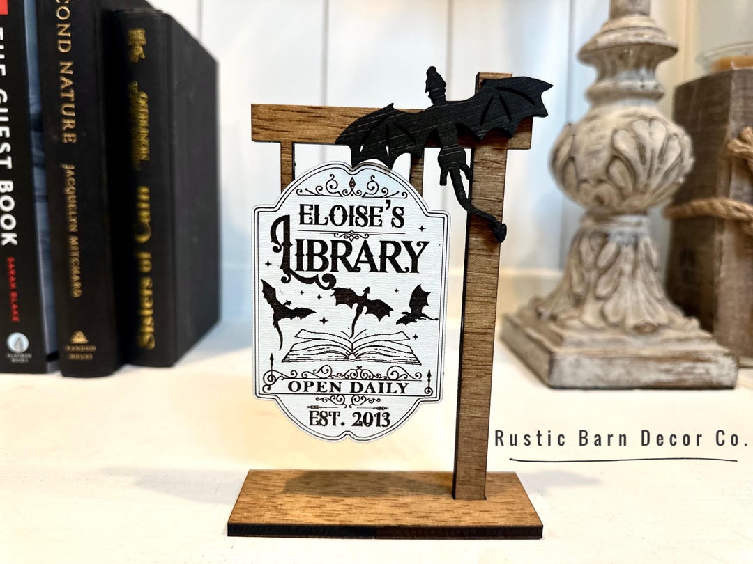 Personalized Library Sign, Mini Wooden Signpost Fantasy Dragon, Library ...