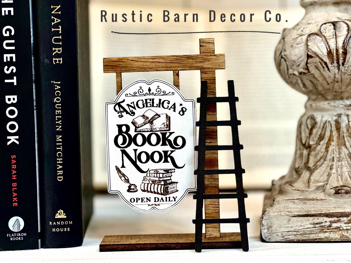 Personalized Book Nook Sign Library, Mini Wooden, With Ladder, Library ...