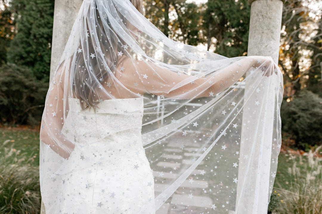 Celestial Star Wedding Veil | Silver Glitter Star Veil | Boho Bridal ...